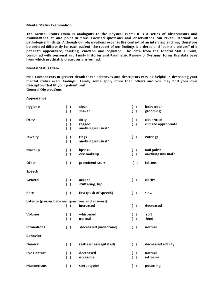 Mental Status Exam Documentation Guide | PDF | Psychiatric Diagnosis ...