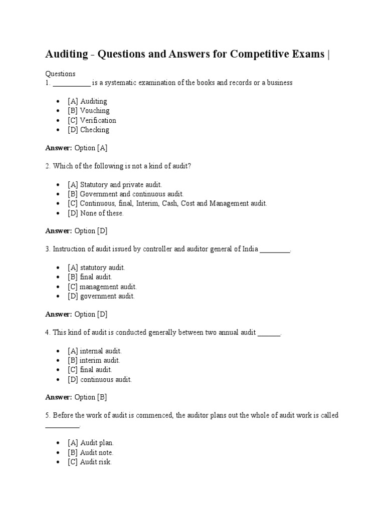 Auditing Exam Questions & Answers PDF | PDF | Audit | Expense