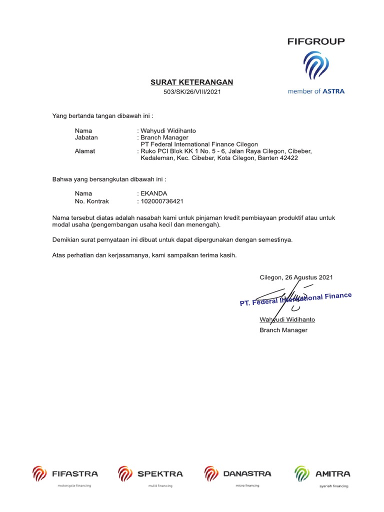 Surat Keterangan FIF Group | PDF