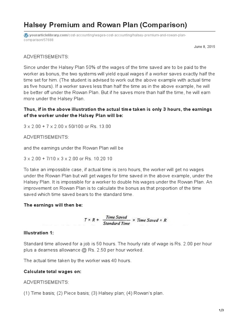 Halsey Premium and Rowan Plan Comparison | PDF | Overtime | Wage
