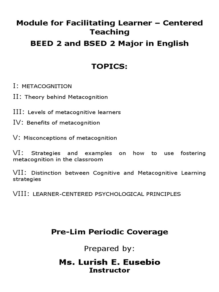Facilitating-Learner-Centered-Lesson PEC 3 | PDF | Metacognition | Learning
