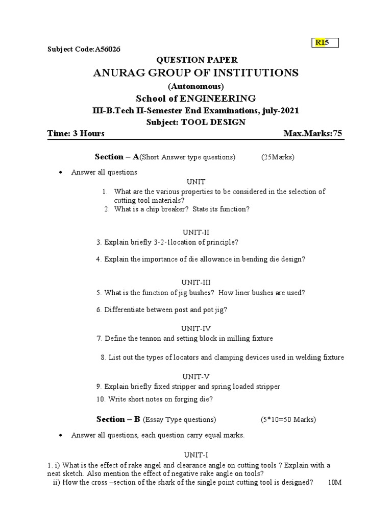 Tools Design Question Paper 2021 CVSR | PDF | Bending | Metalworking