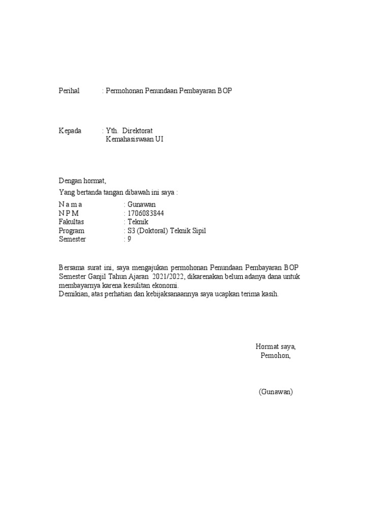 Surat Tunda Bayar BOP Ui | PDF