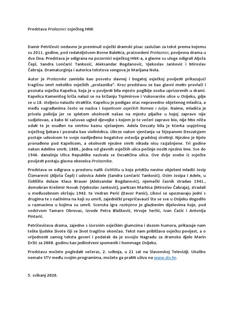 "Prolaznici" HNK Osijek - Janković Katja | PDF