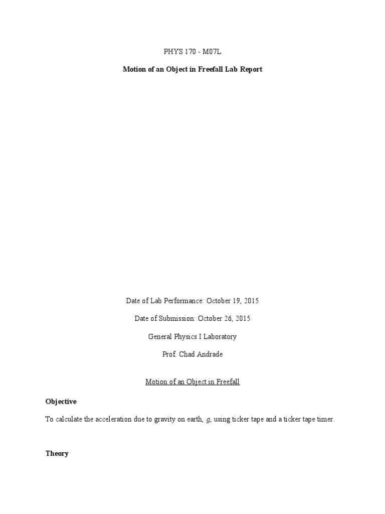 Motion of An Object in Freefall Lab Report | PDF | Velocity | Acceleration