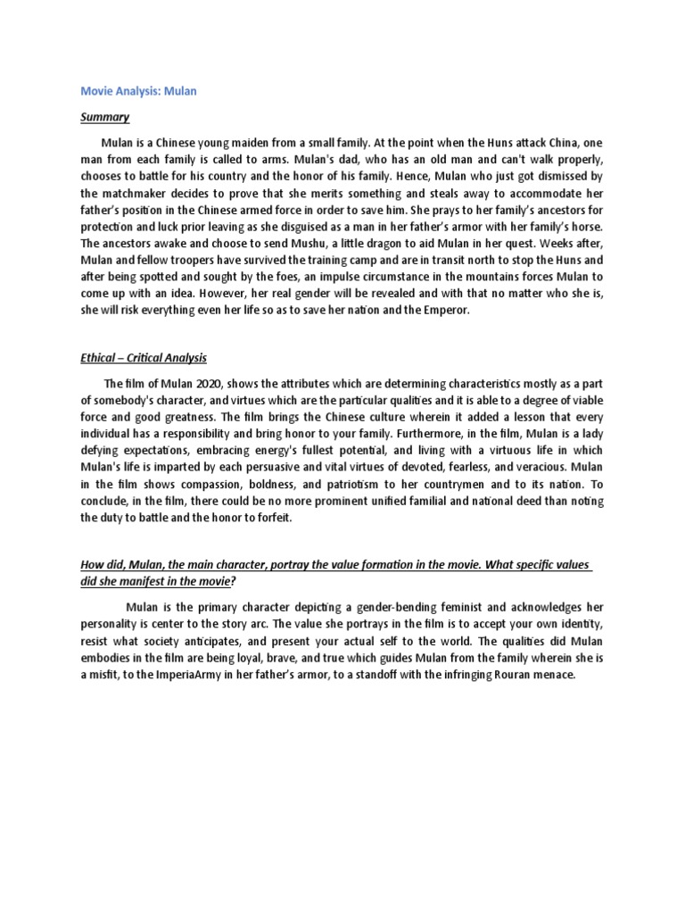 Mulan Movie Analysis: Values and Themes | PDF