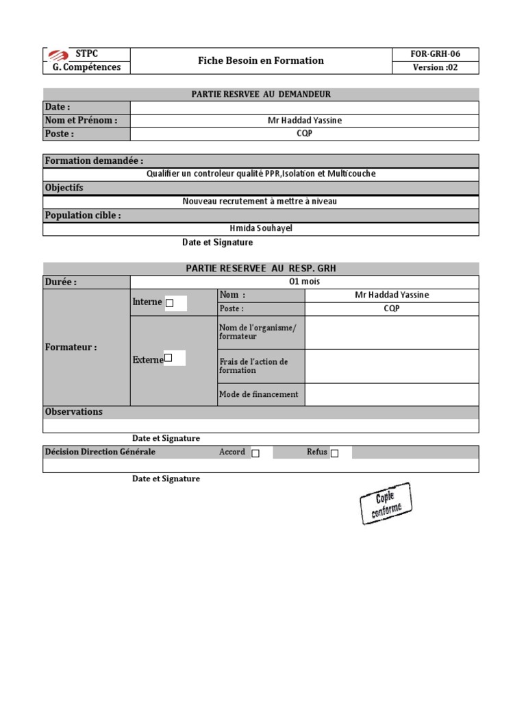 Fiche de Besoin en Formation CQP | PDF