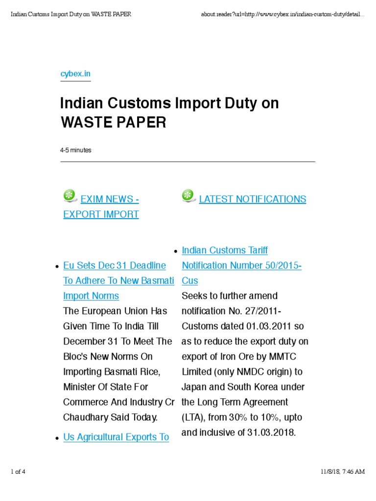 Indian Customs Import Duty On WASTE PAPER | PDF | Tariff | Customs