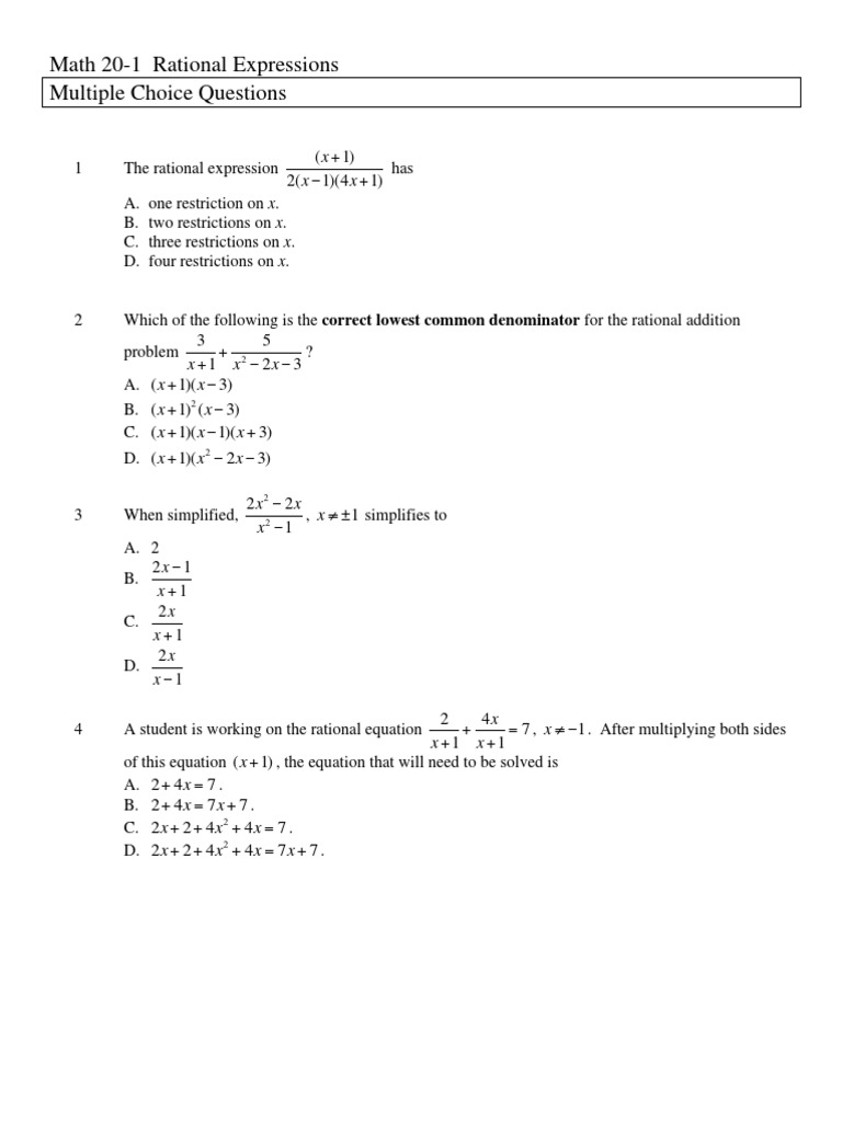 Rational Expressions Test for Math 20-1 | PDF | Equations | Length