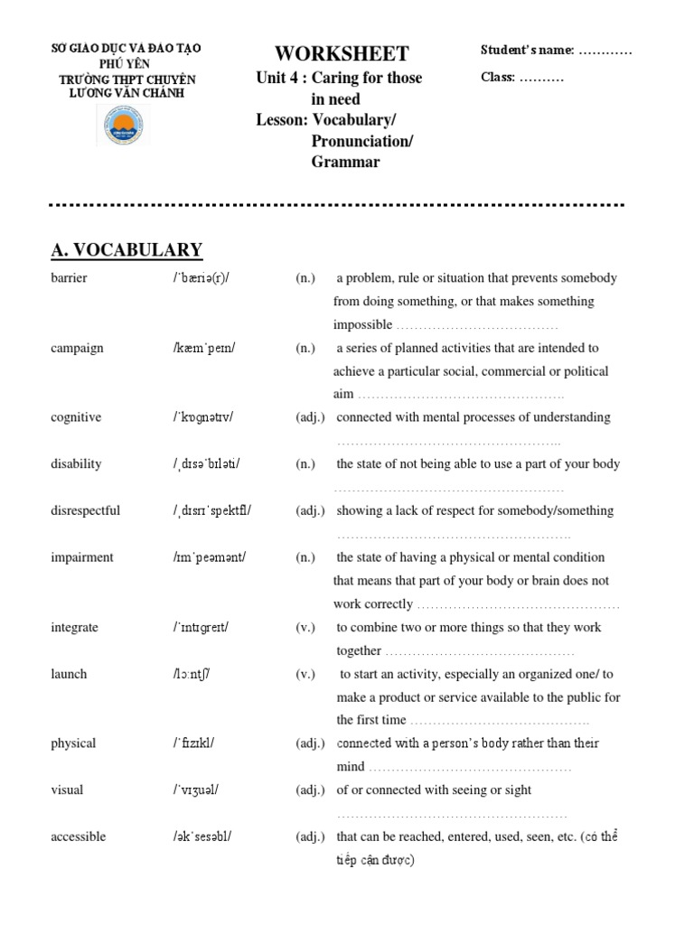 Worksheet: A. Vocabulary | PDF | Disability | Cognitive Science