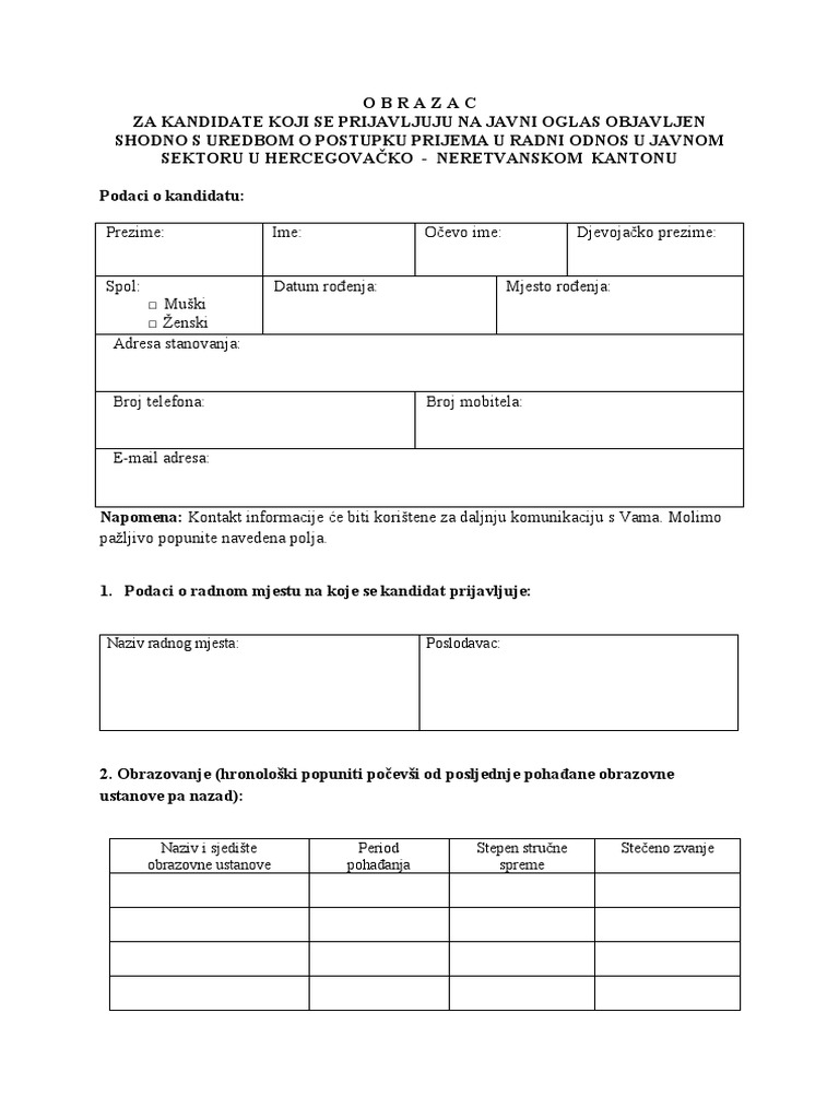 Obrazac Za Kandidate Koji Se Prijavljuju Na Javni Oglas Objavljen U ...
