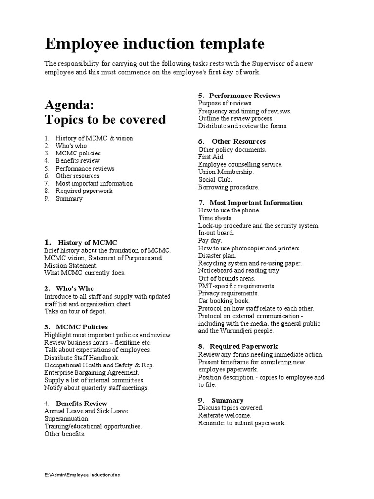 Employee Induction Template: Agenda: Topics To Be Covered | PDF ...