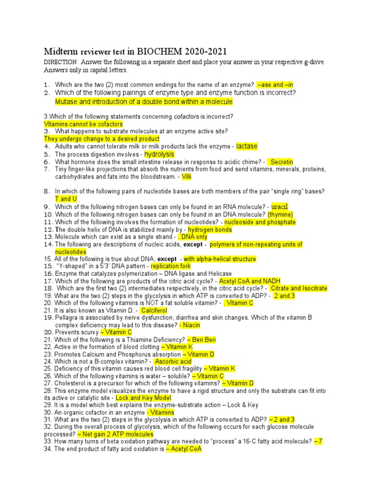 Biochemistry Midterm Review 2020-2021 | PDF | Enzyme | Dna