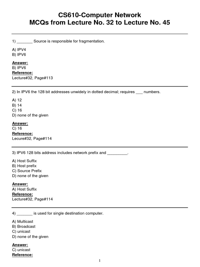 Computer Network MCQs: IPV4 & IPV6 | PDF | Internet Protocol Suite | Transmission Control Protocol