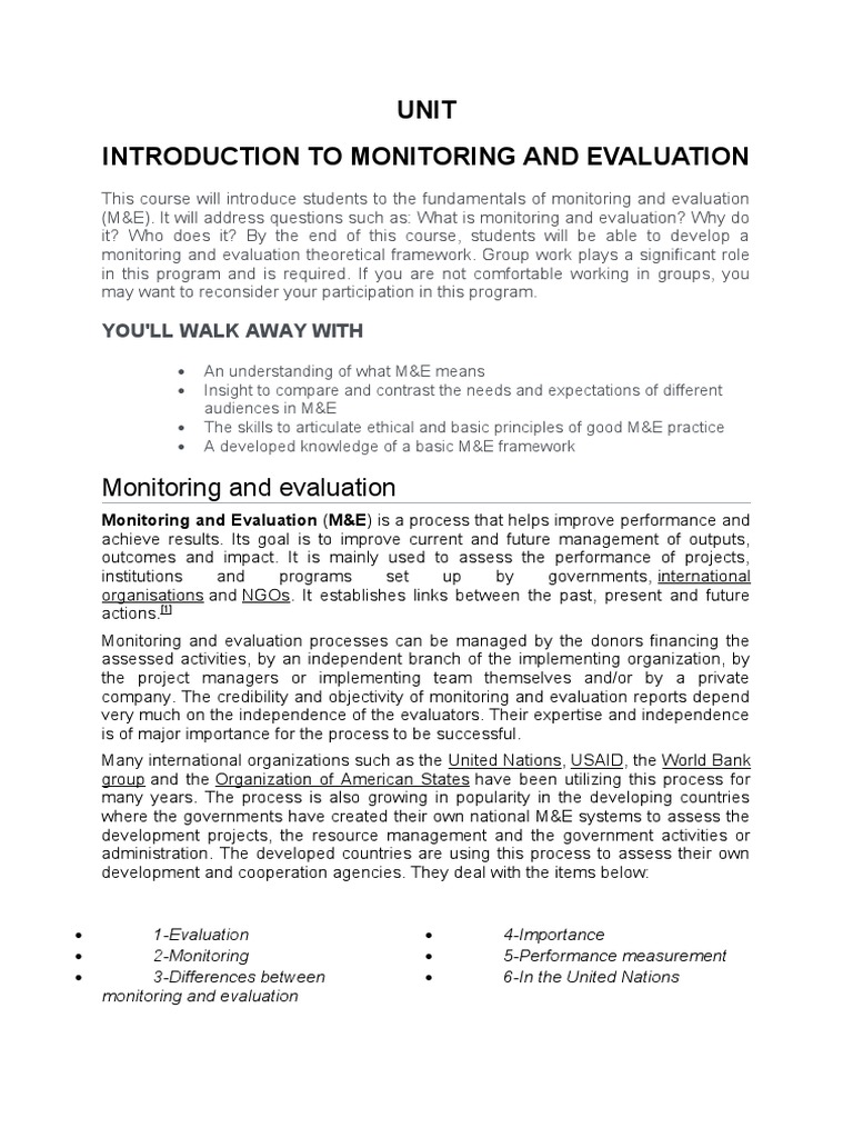 Unit Introduction To Monitoring and Evaluation | PDF | Monitoring And Evaluation | Methodology