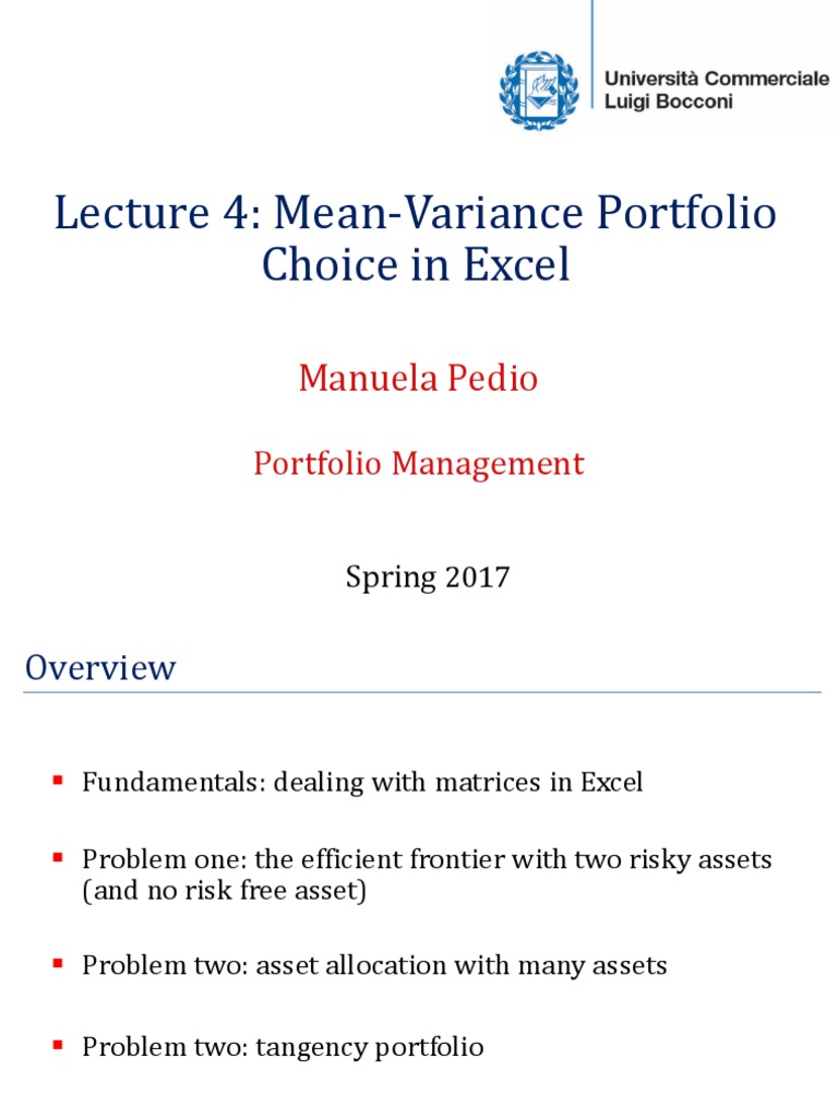 Lec 4 Mean Variance Portfolio Choice in Excel20170403094223 | PDF ...