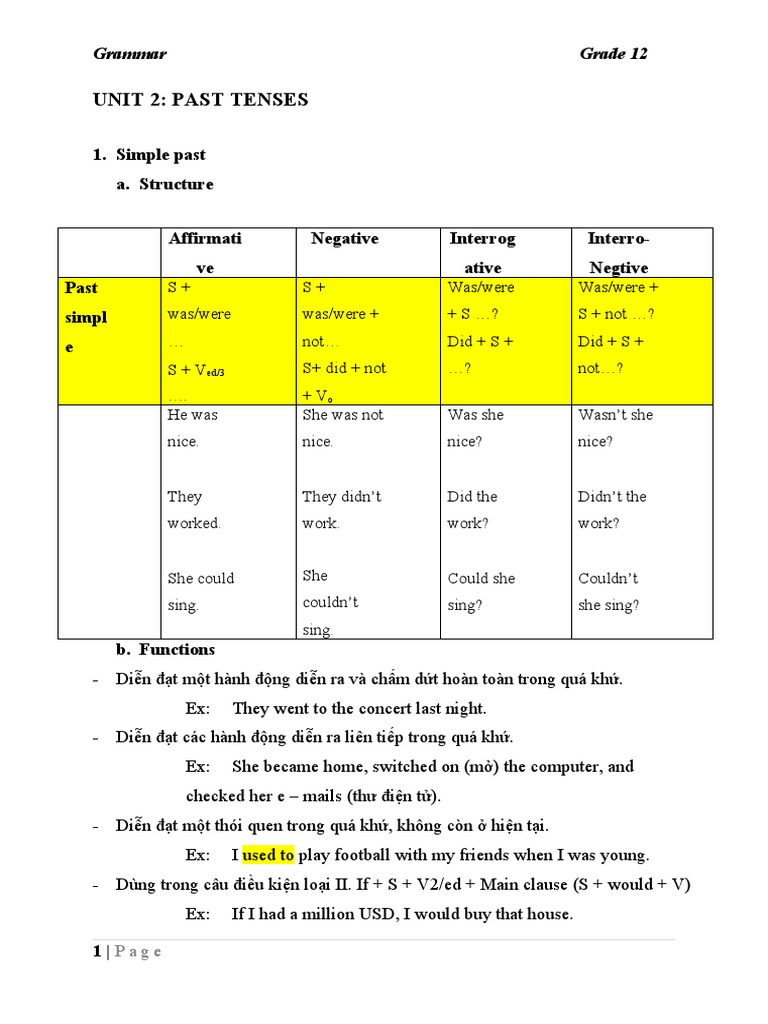 Unit 2: Past Tenses: Grammar Grade 12 | PDF | Linguistics | Grammar