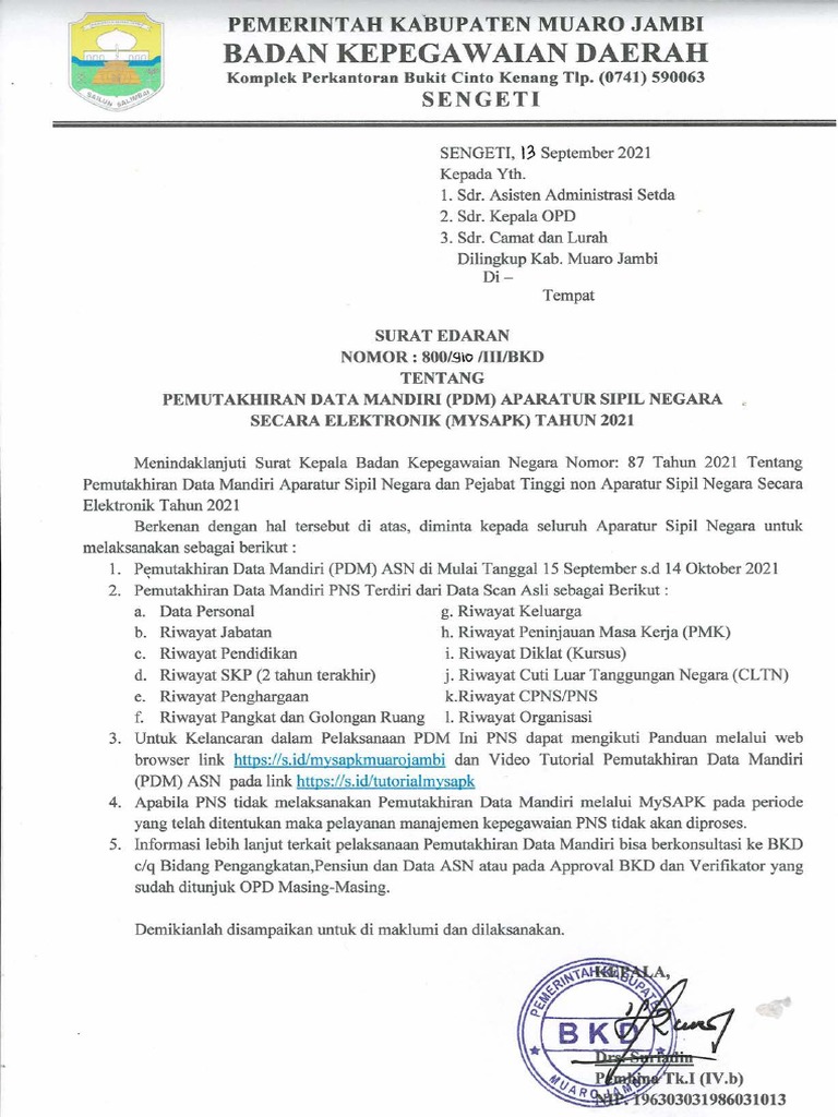 Surat Edaran Pemutakhiran Data Mandiri My Sapk Muaro Jambi 2021 | PDF