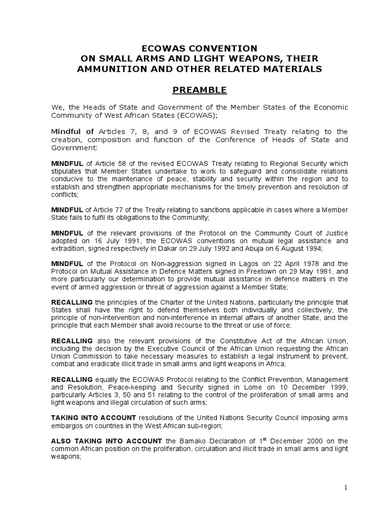 Ecowas Convention On Small Arms and Light Weapons Their Ammunition and ...
