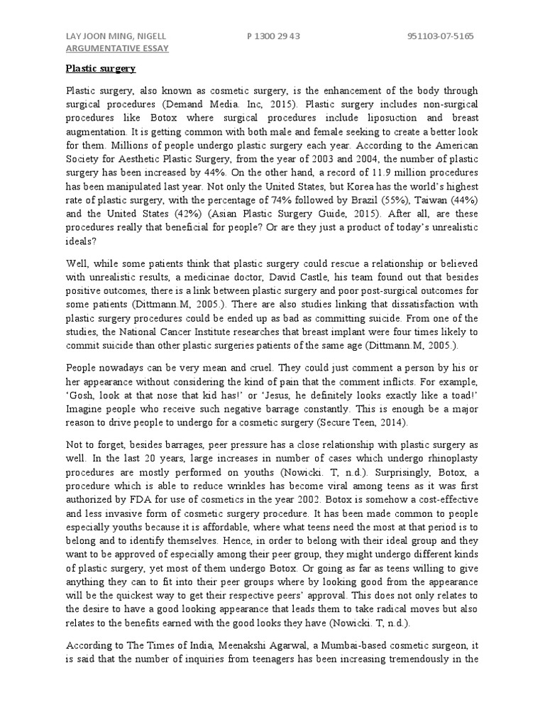 Argumentative Essay Plastic Surgery | PDF | Plastic Surgery | Surgery