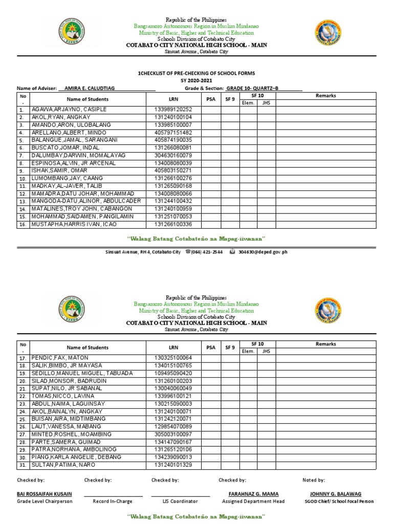 Checklist of Pre Checking of School Forms | PDF