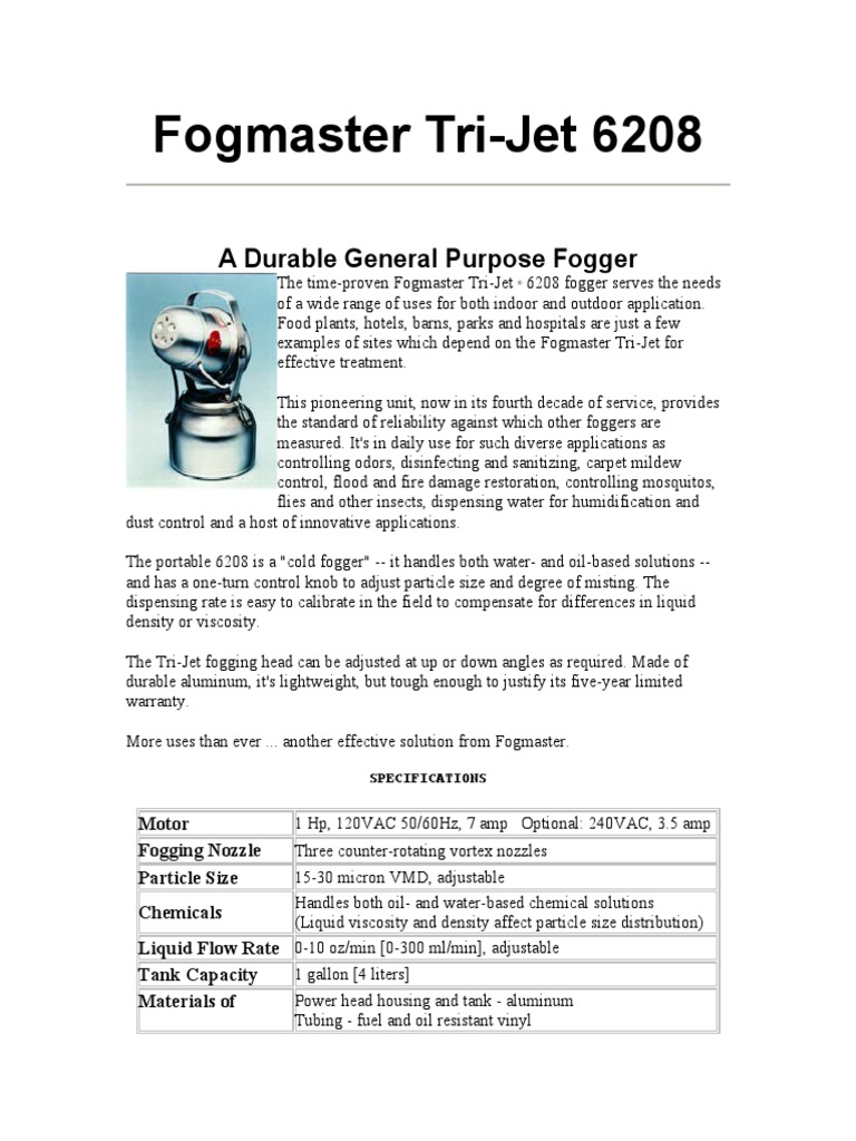 Fogmaster Tri-Jet 6208: A Durable General Purpose Fogger | PDF | Fog | Liquids