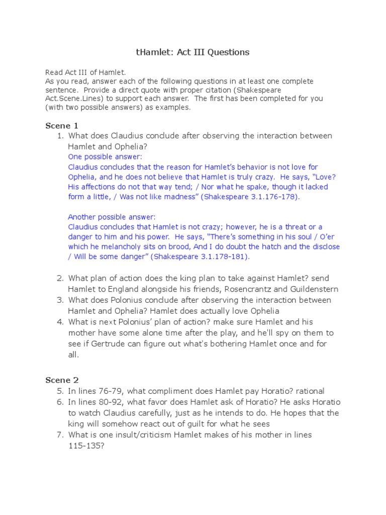 Hamlet Act III Study Questions | PDF | Hamlet | Works Based On Literature