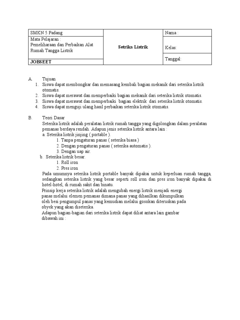Jobsheet Setrika Listrik | PDF