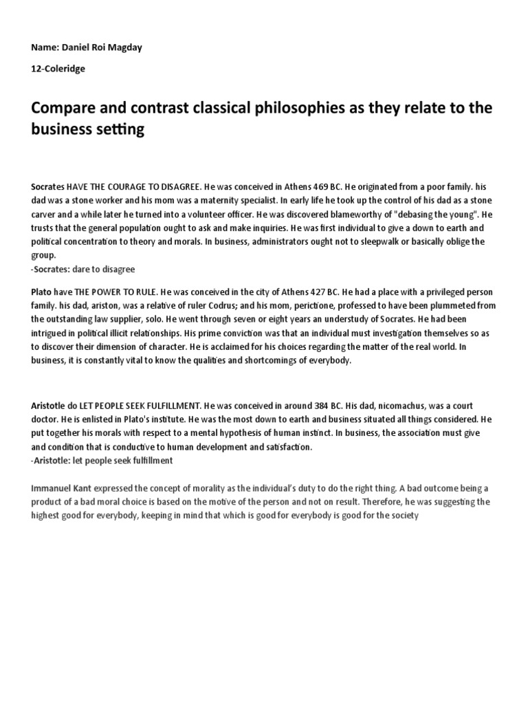 Compare and Contrast Classical Philosophies As They Relate To The ...