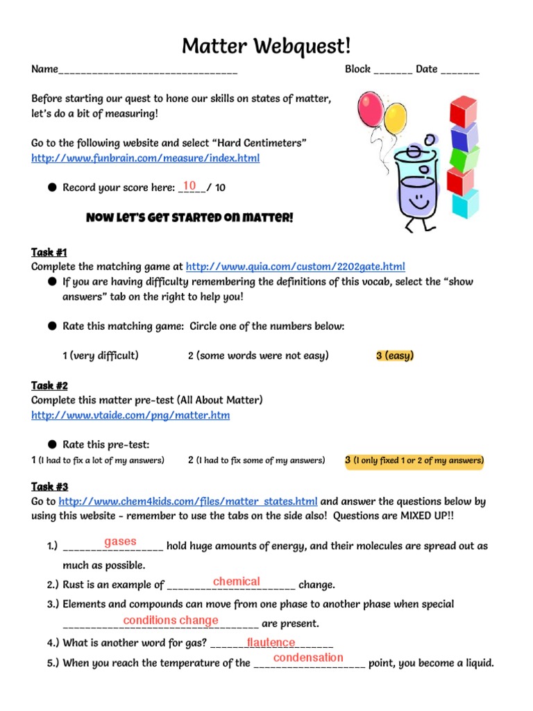 Matter Webquest!: Now Let's Get Started On Matter! | PDF | Gases | Liquids