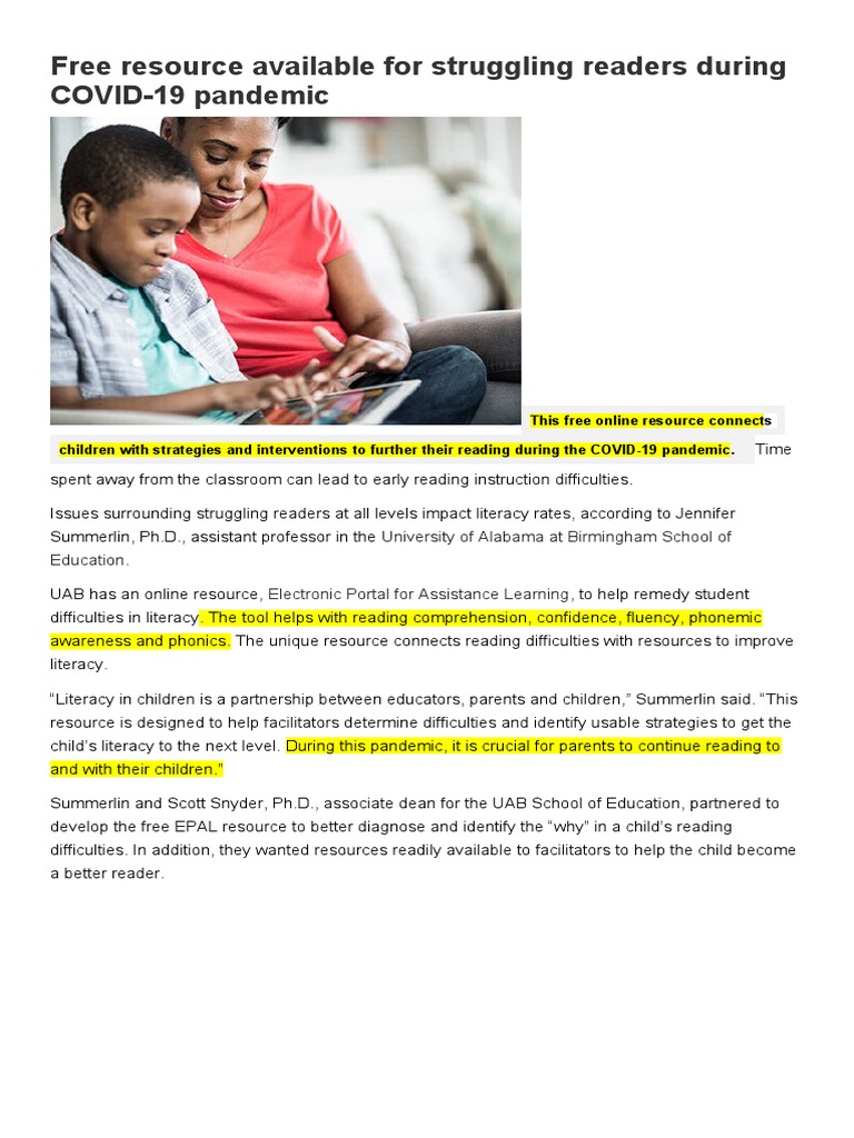 Free Reading Aid for Kids in COVID-19 | PDF | Communication | Teaching