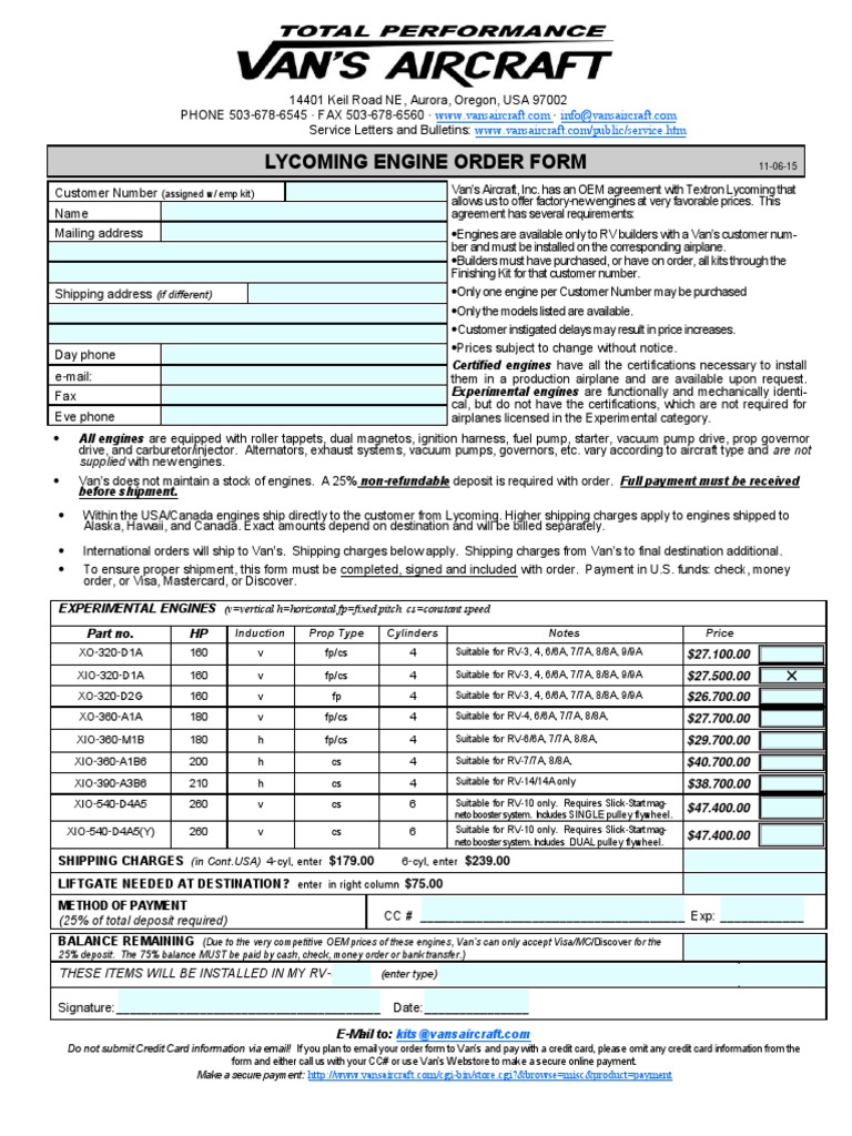 Lycoming Engine Order Form: (If Different) | PDF | Credit Card ...