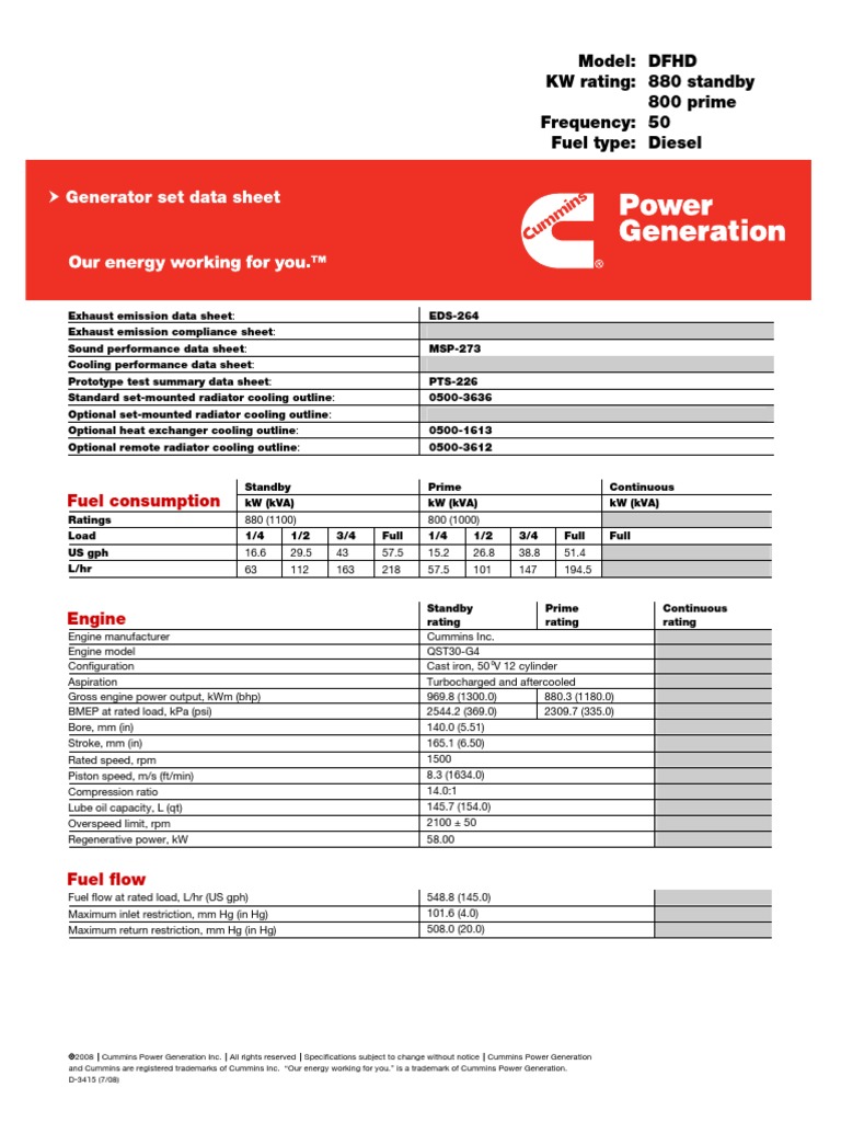 H Generator Set Data Sheet: Fuel Consumption | PDF | Horsepower | Radiator