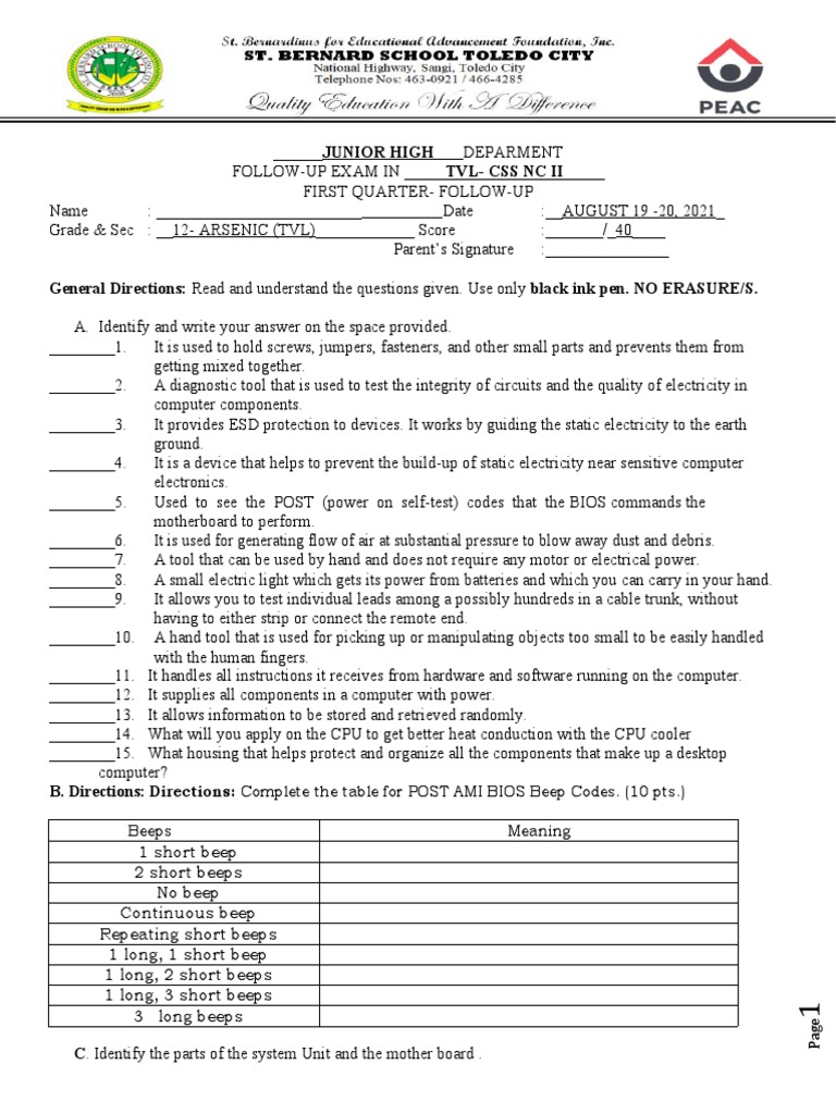 Junior High Deparment: Directions: Complete The Table For POST AMI BIOS ...