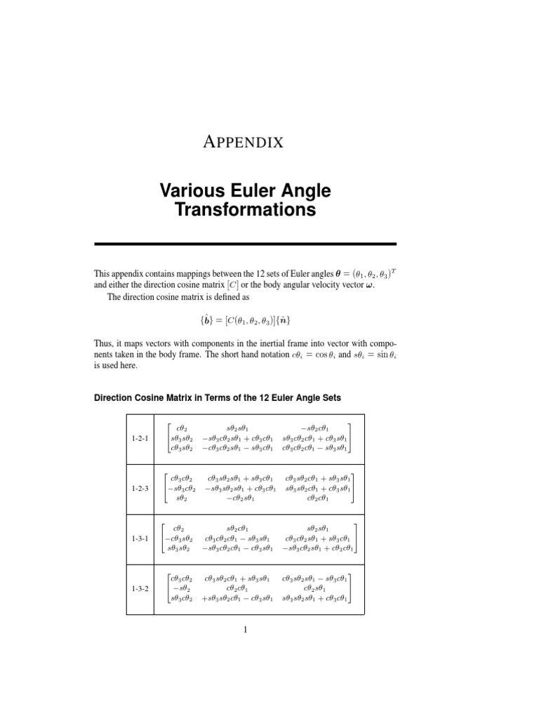 Various Euler Angle Transformations: Ppendix | Download Free PDF | Euclidean Vector | Angle