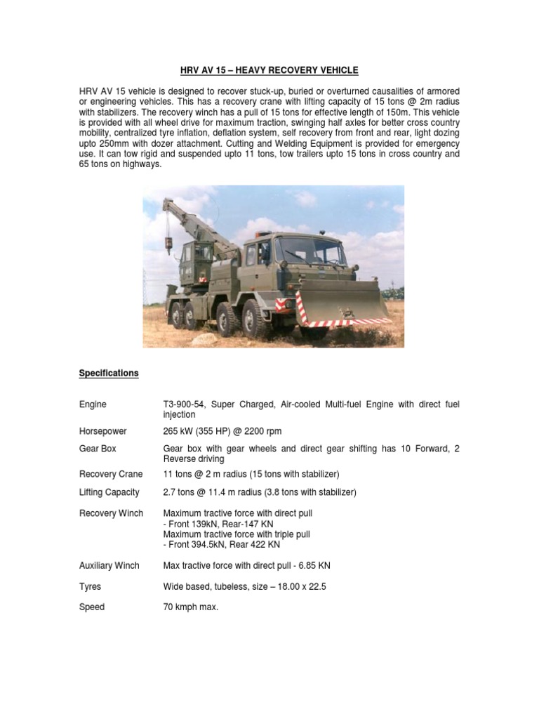 HRV AV 15 Heavy Recovery Vehicle Specs | PDF