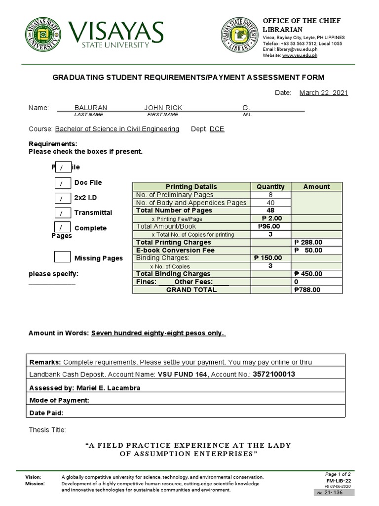 Graduating Student Requirements/Payment Assessment Form: Last Name ...