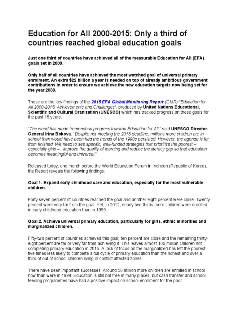 Education For All 2000-2015: Only A Third of Countries Reached Global ...