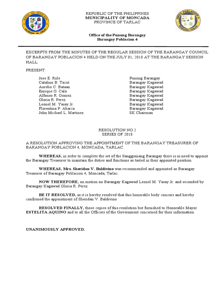 Excerpts From The Minutes of The Regular Session of The Barangay ...