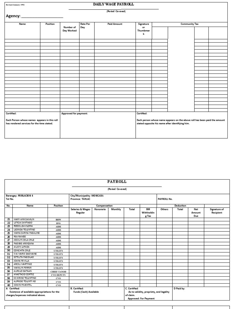 Revised January 1992 Daily Wage Payroll | PDF | Payroll | Employment