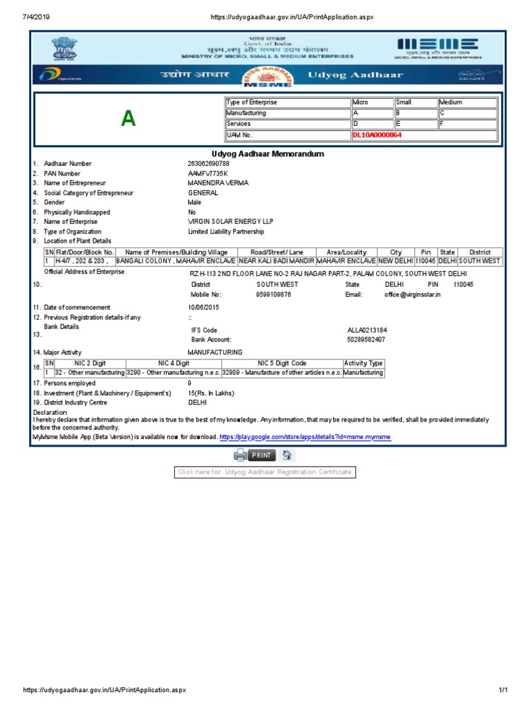 Udyog Aadhaar Memorandum | Download Free PDF | Economies