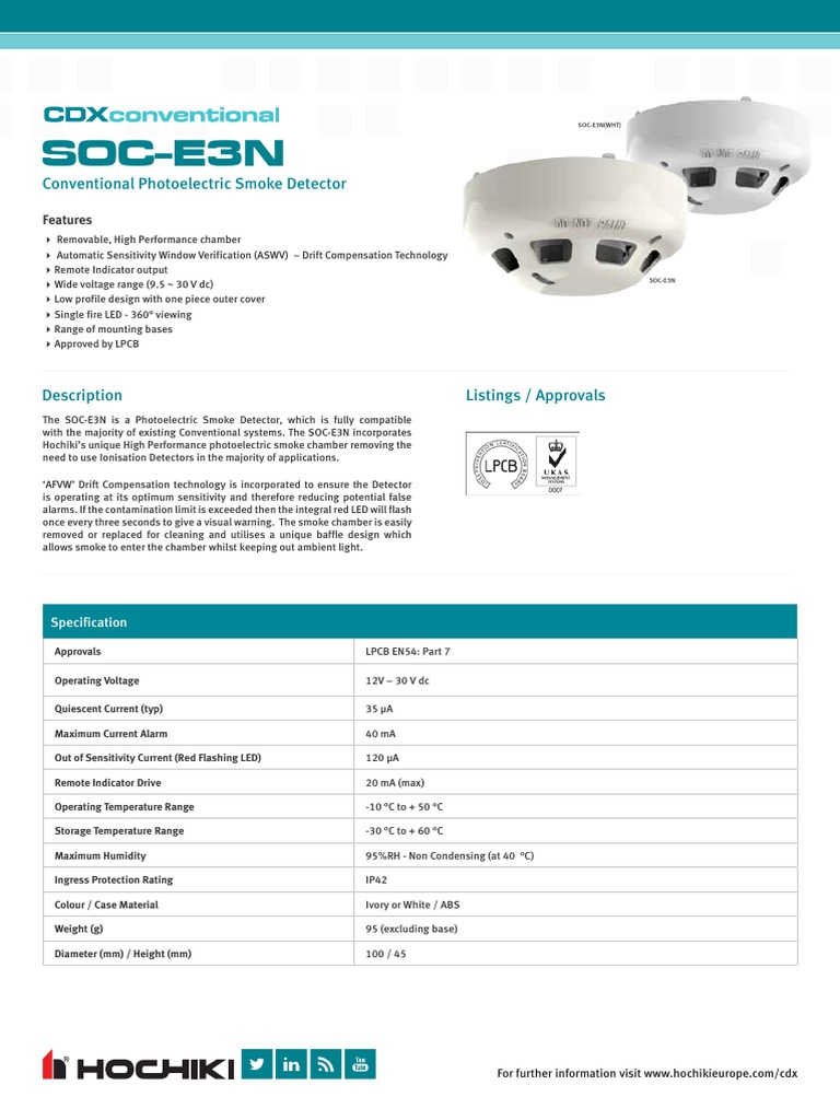 Hochiki SOC-E3N Smoke Detector Specs | PDF | Smoke | Sensor