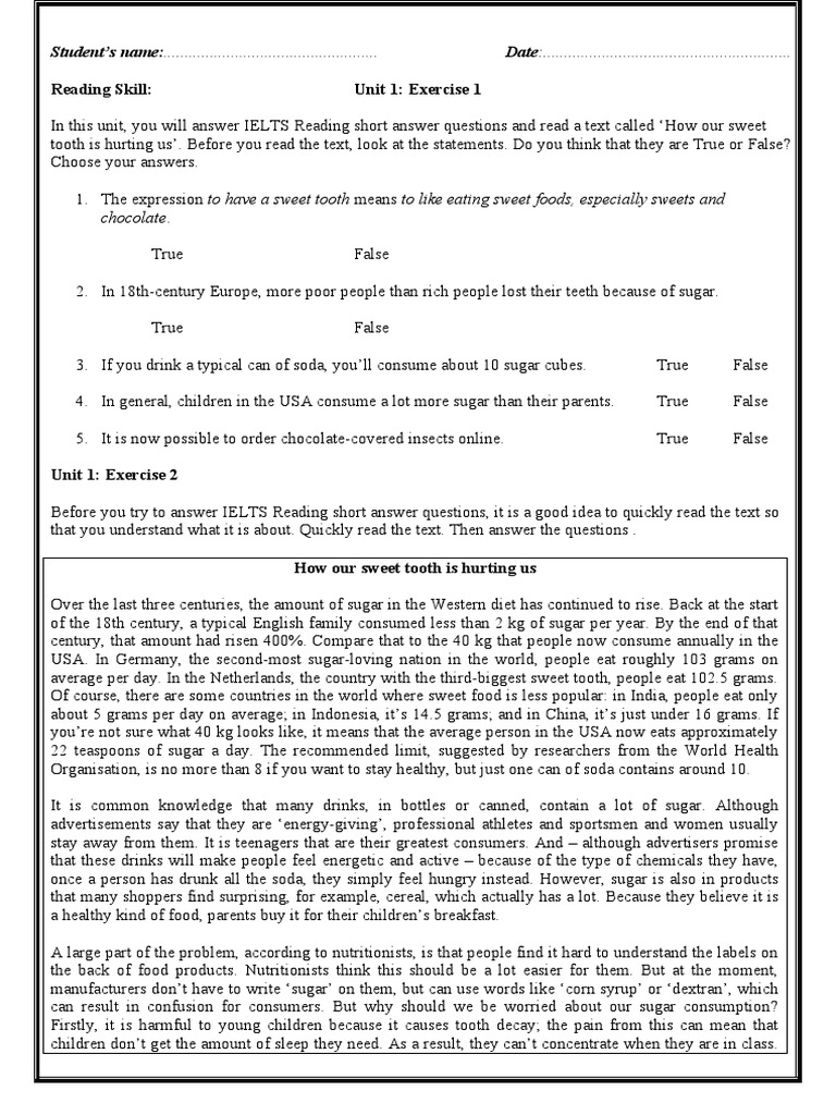 Unit 1 Relationships - Reading Workbook | PDF | Diet & Nutrition | Sugar