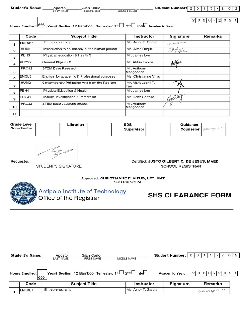 Apostol Shs Clearance Form | PDF | Academia
