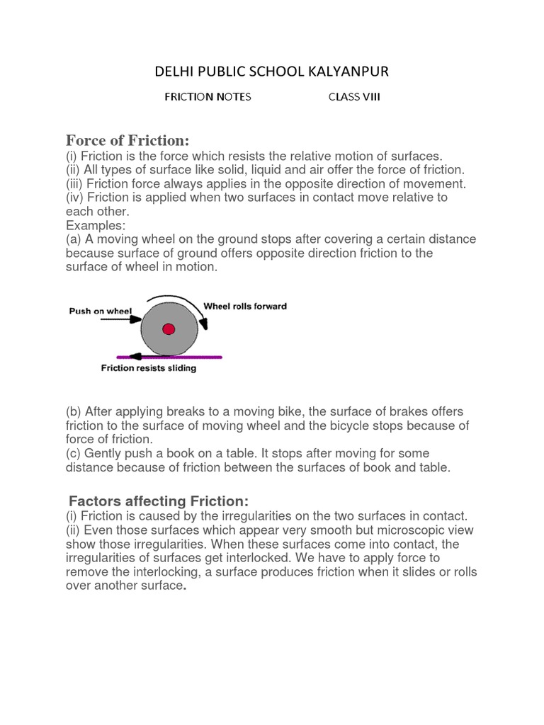 Friction Notes Class 8 | PDF | Friction | Lubricant
