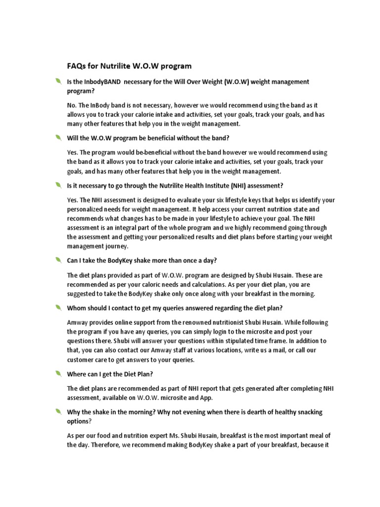 Nutrilite W.O.W. Program - FAQ | PDF | Dieting | Weight Management