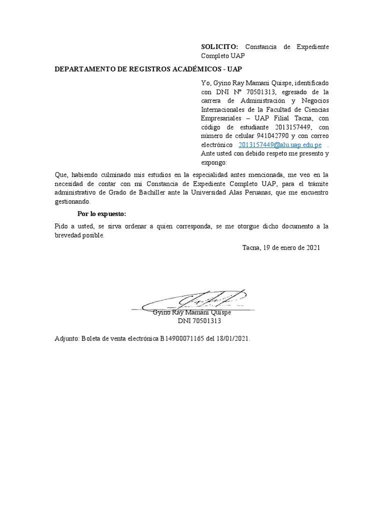 Solicitud Constancia de Expediente Completo Uap | PDF