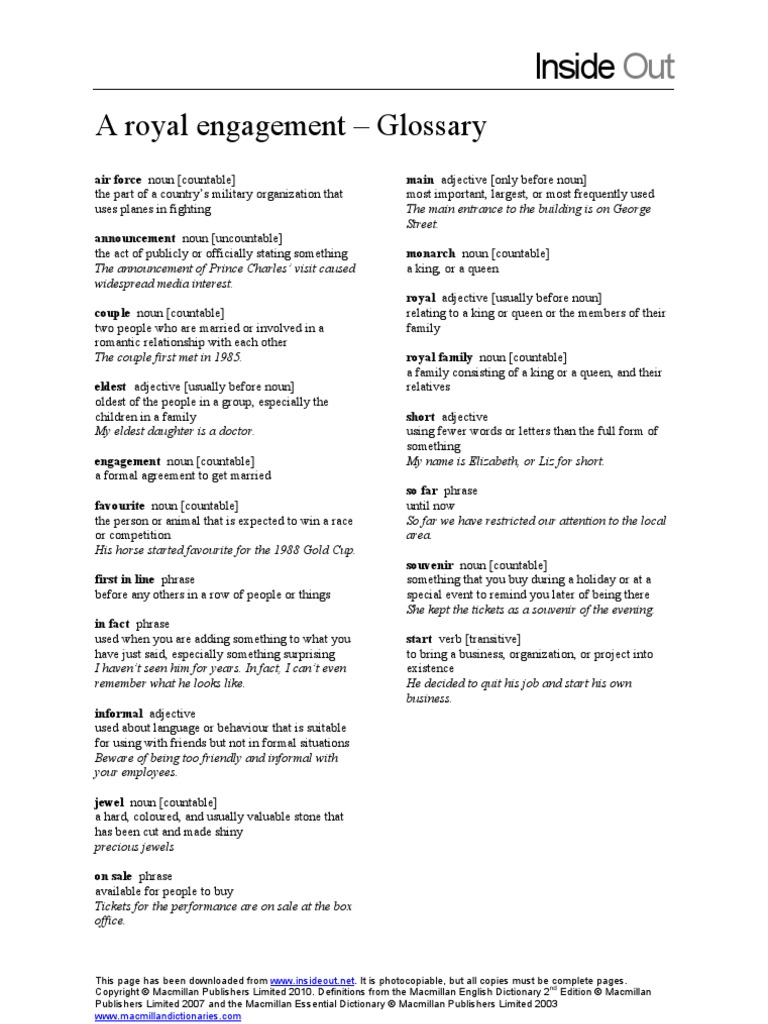 A-Royal-Engagement Glossary | PDF | Noun | Adjective