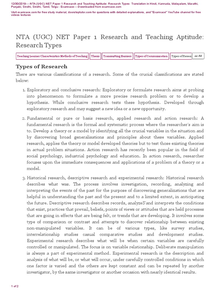NTA (UGC) NET Paper 1 Research and Teaching Aptitude: Research Types ...