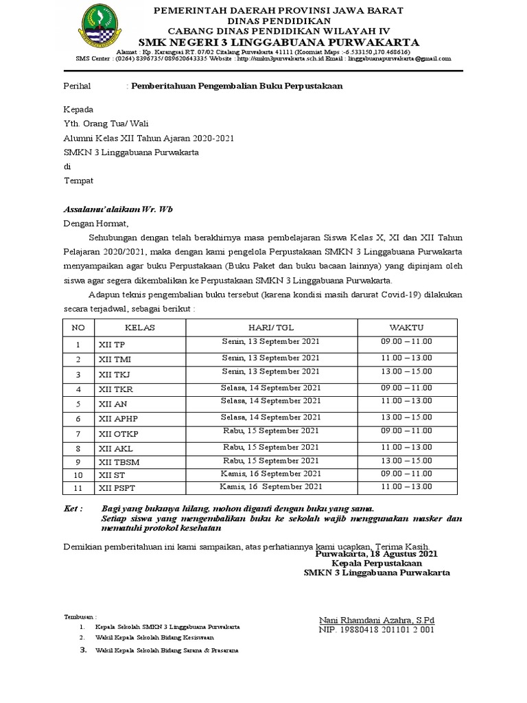Jadwal Pengembalian Buku Perpus Kelas Xii 2021 | PDF